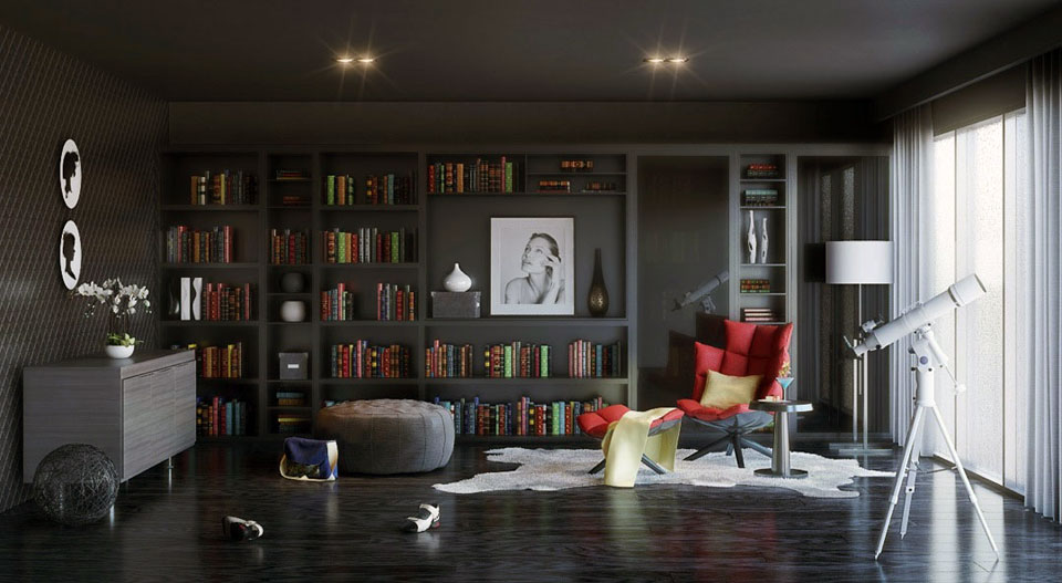 Luxury Home Library with Red leather Reading Chair - My Home Deco Mag